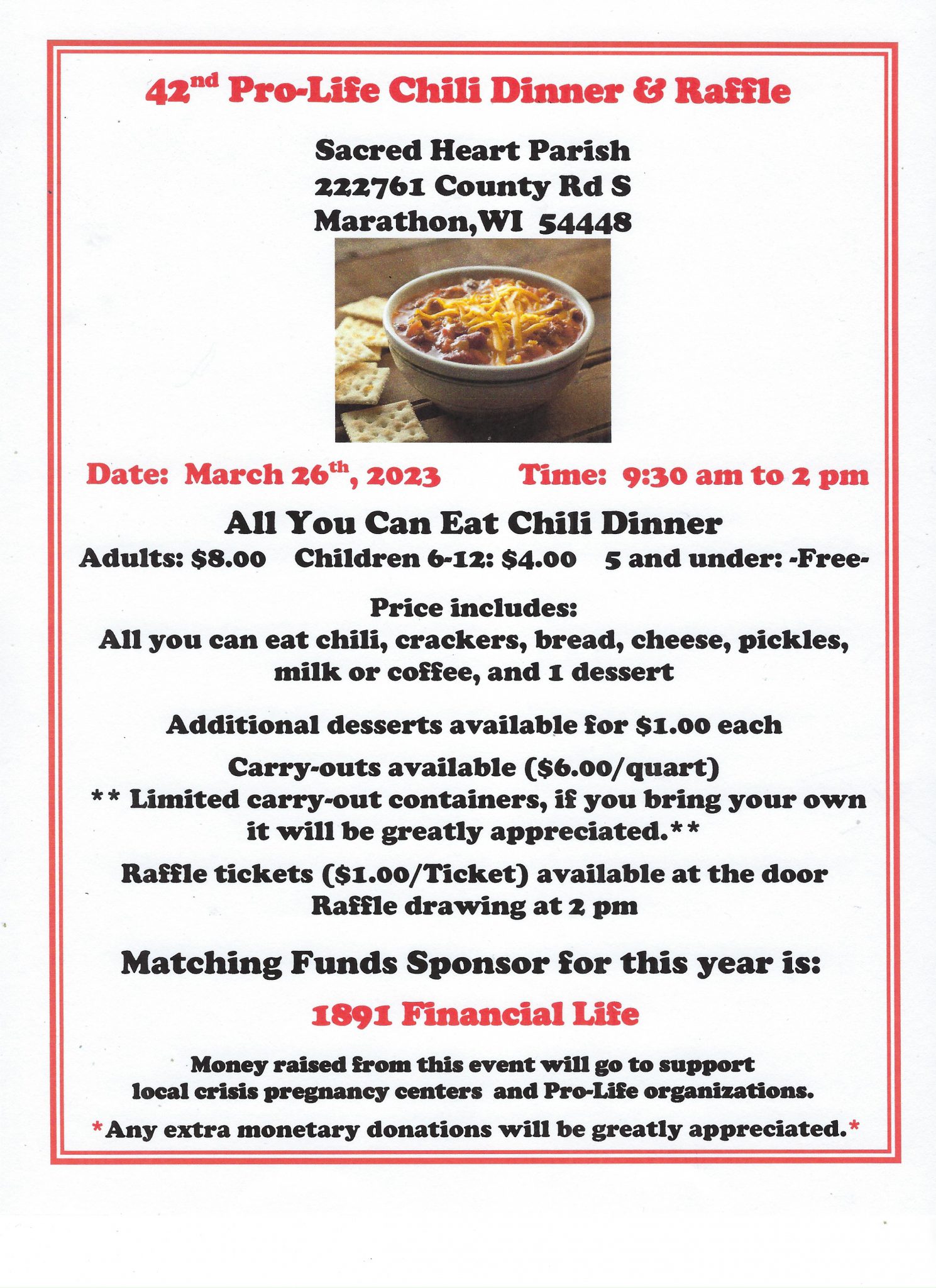 SUNDAY, MARCH 26TH, 9:30 AM-2:00 PM: 42nd PRO-LIFE CHILI DINNER ...